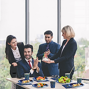 Kederwa Navy Blue and Gold Happy Birthday Plates and Napkin Party Supplies, 20 Guest Birthday Paper Plates and Cup Napkin Straws for Blue and Gold Party Tableware