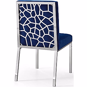 Meridian Furniture Opal Collection Modern | Contemporary Velvet Upholstered Dining Chair with Sturdy Metal Legs and Metallic Geometric Design, Set of 2, Navy, 20" W x 24" D x 39.5" H