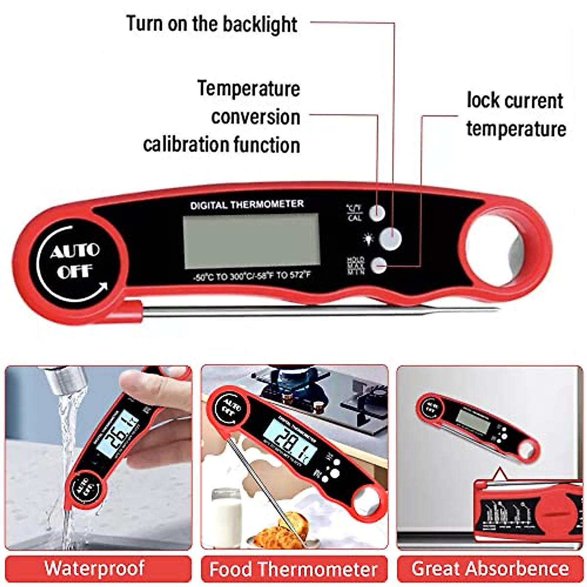 Household Instant Digital Meat Thermometer, Instant Food Thermometer with Digital Probe, Baking, Water, Milk, Oil Thermometer, Waterproof Metal Thermometer with LCD Reading.
