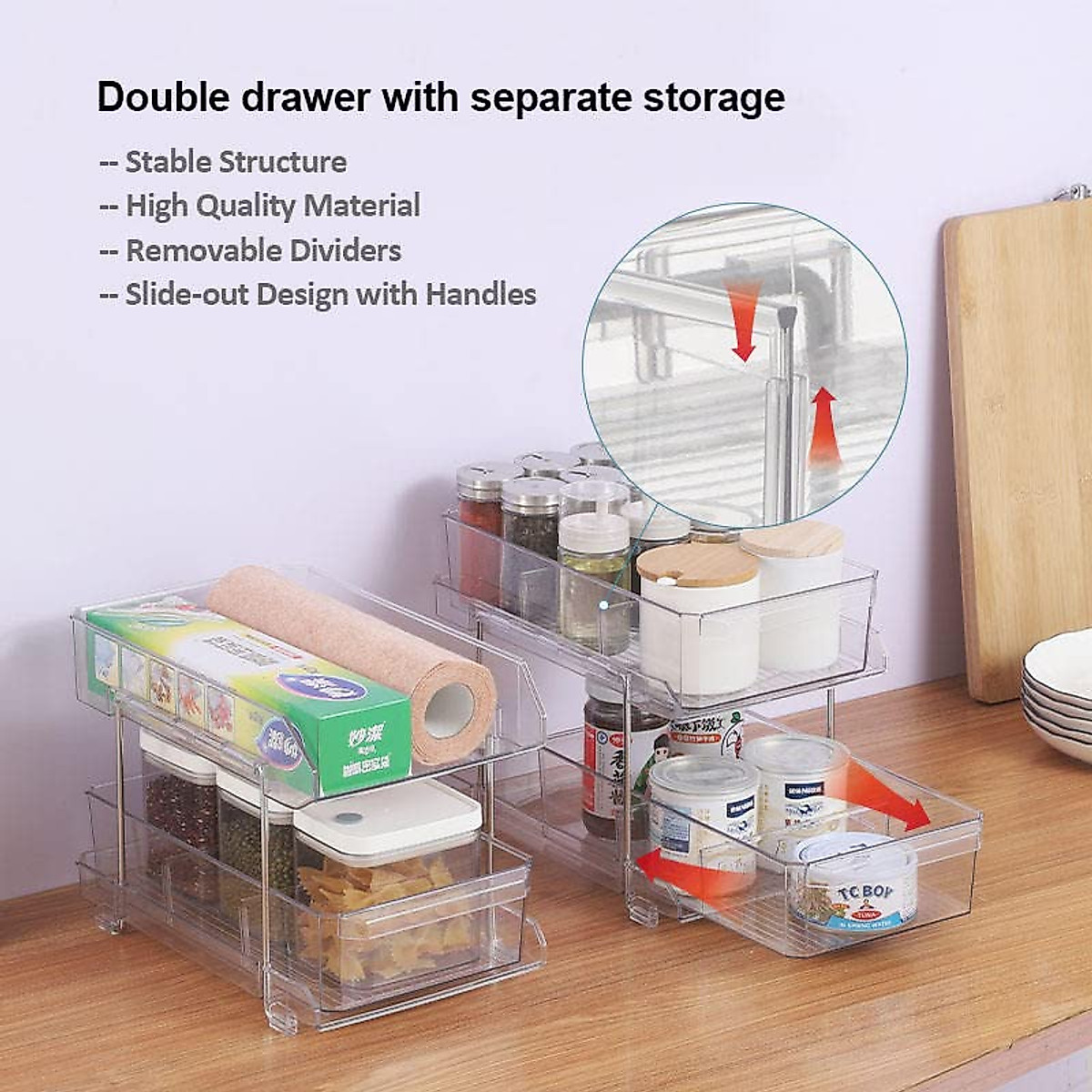 2-Tier Clear Organizer with Sliding Storage Drawers, Baskets, with Handles and Dividers for Kitchen, Closet, Kitchen Pantry Medicine Cabniet Storage Bins Bathroom, and Office, BPA Free (2 Pack)