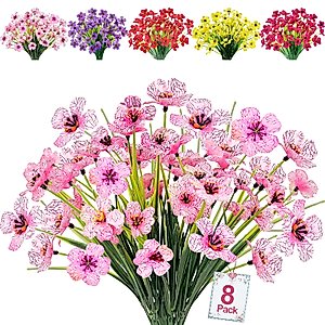 TURNMEON 8 Bundles Fake Flowers Outdoor Silk Flower UV Resistant Faux Flowers Shrubs Plastic Artificial Flowers Outside Fake Plants for Hanging Planters Porch Home Window Spring Summer Decor(Pink)