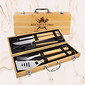Personalized BBQ set box for men, custom engraved name outdoor cooking barbecue master grilling utensil accessories kit for dad & husband, father’s day gift (Customized)