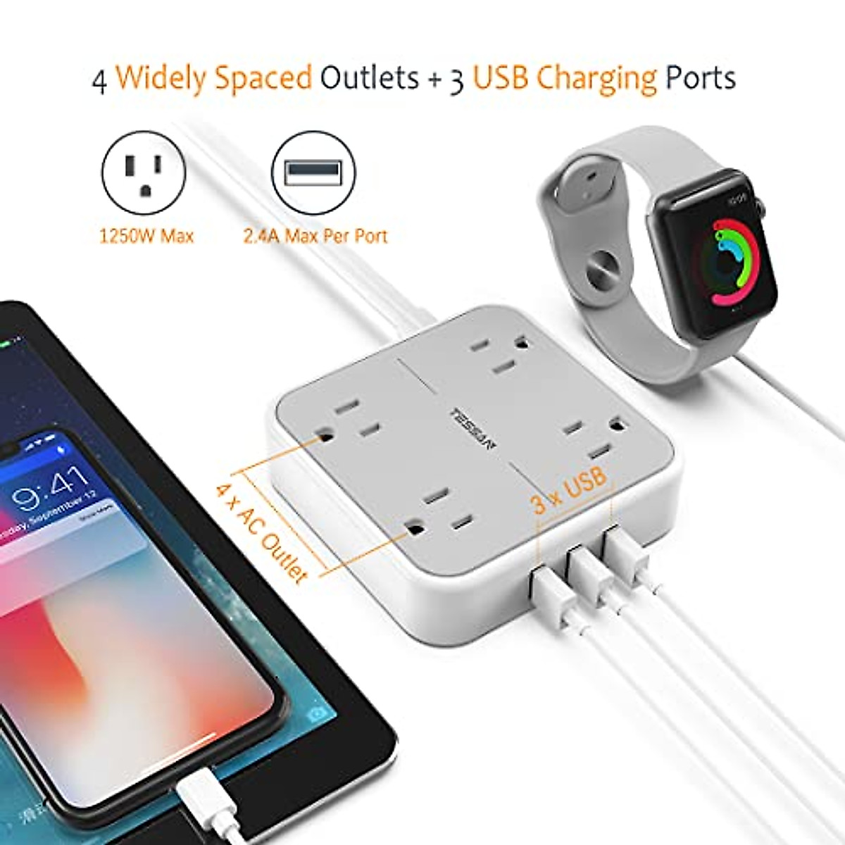 Power Strip with 3 USB Ports, TESSAN 5 ft Extension Cord Flat Plug with 4 Outlets, Indoor Desk Charging Station, Mountable Compact for Travel, Cruise Ship, Office, School, Dorm Room Essentials Gray