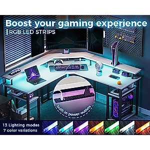Coleshome L Shaped Gaming Desk with LED Lights & Power Outlets, Reversible 56" Computer Desk with Full Monitor Stand & Storage Shelves, Ergonomic Home Office Corner Desk, White