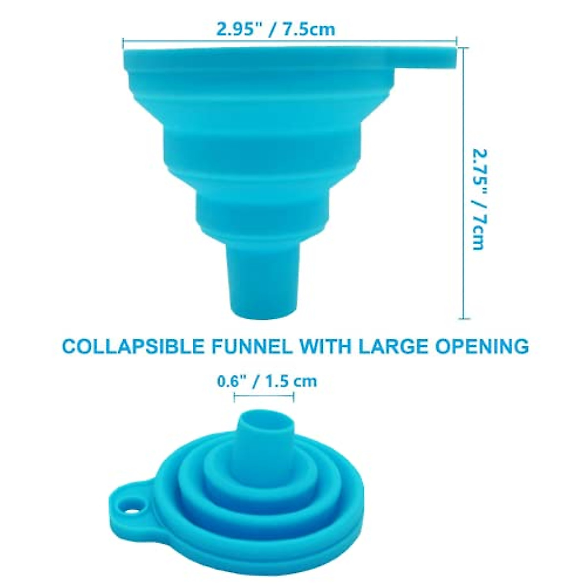 Funnels for Filling Bottles Set of 2, Food Grade Silicone Funnels for Kitchen Use. Small Collapsible Kitchen Funnel. Foldable Mini Funnels for Water Bottle Filling Liquid Powder Transfer (Blue)