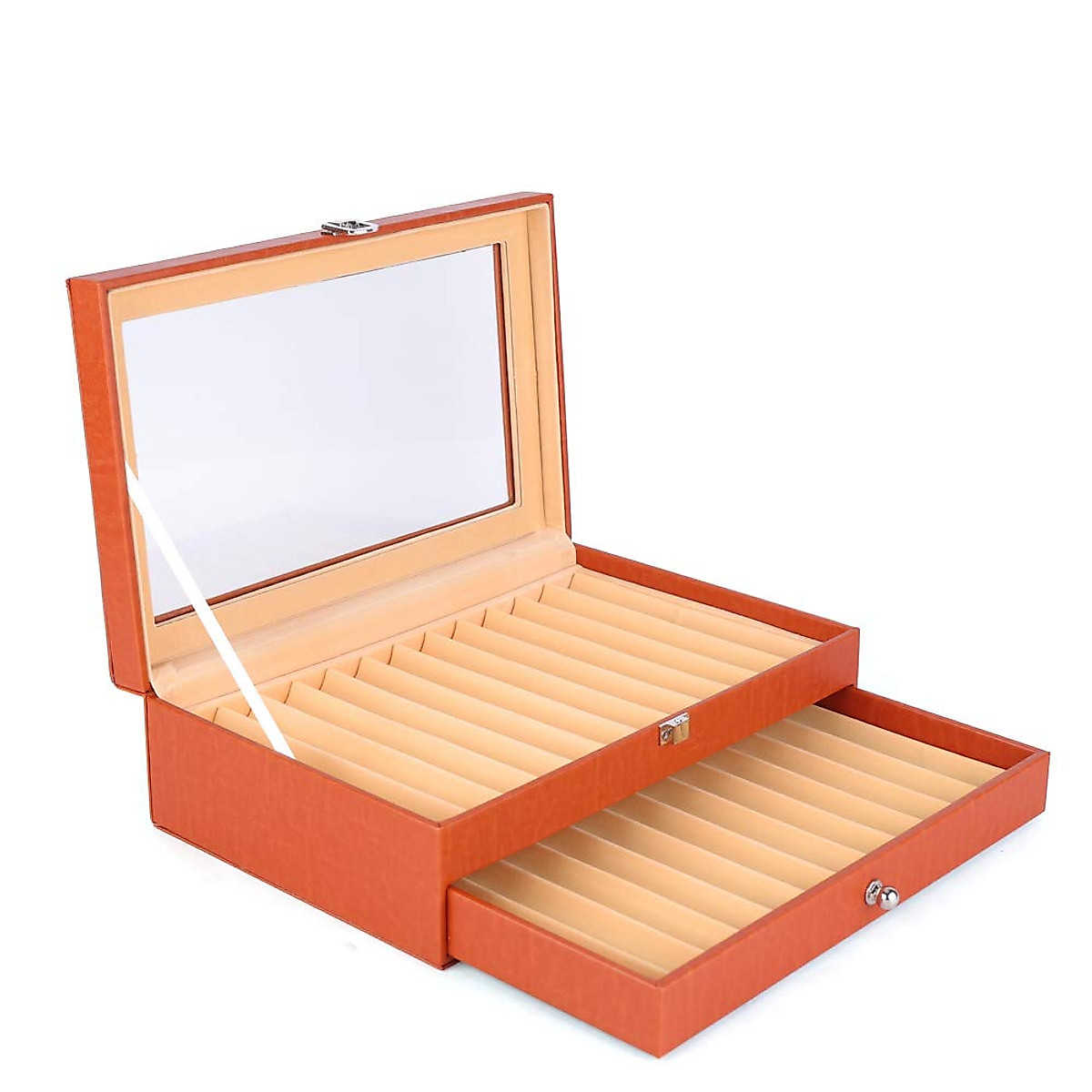 Pen Display Box 24 Piece Black Leather Flannel Pen Organizer Box,Glass Pen Display Case Storage Box with Lid,Top Glass Window Two Level Display Case with Drawer Pen Collection Display Case (Orange)