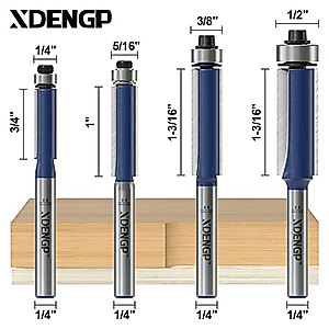 XDENGP 4Pcs Flush Trim Router Bits Set 1/4 Inch Shank, Bottom Bearing Flush Cut Trim Router Bit for Woodworking, Cutting Diameter: 1/4", 5/16", 3/8", 1/2"