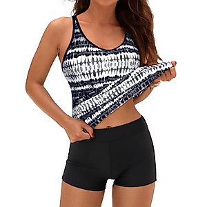 Yonique 2 Piece Tankini Swimsuits for Women with Boy Shorts Athletic Swim Tank Top Bathing Suits Black and White XL