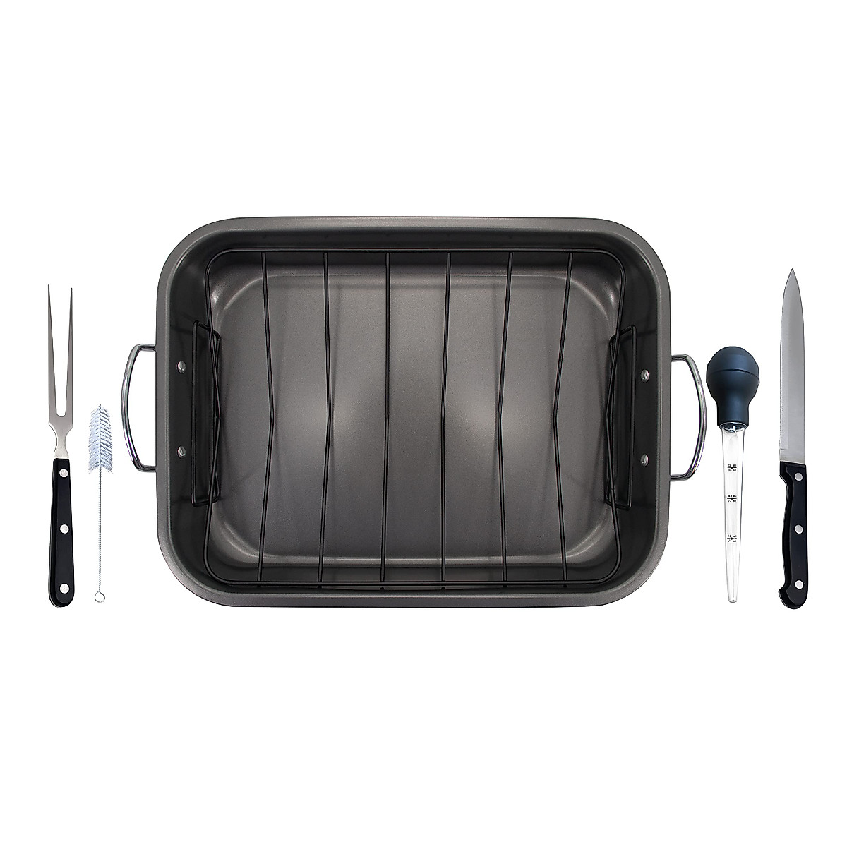 Eternal Living 6 Piece Rectangular Turkey Roaster Pan with Rack Carving Knife Fork Baster and Brush, Roasting Pan 15 Inch Black