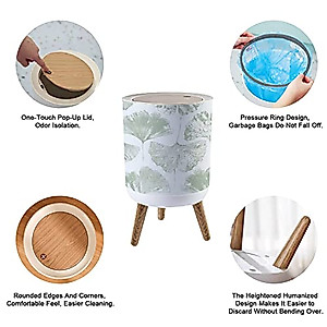 Small Trash Can with Lid Sage green ginkgo biloba leaves pale botanical seamless Floral Natural Waste Bin with Wood Legs Press Cover Wastebasket Round Garbage Bin for Kitchen Bathroom Bedroom Office