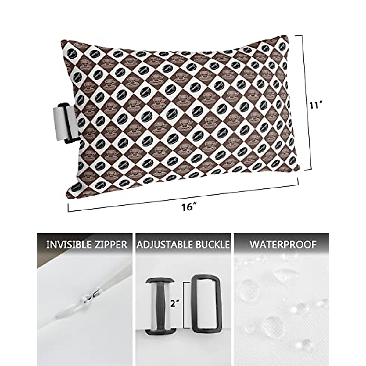 Recliner Head Pillow Ledge Loungers Chair Pillows with Insert HDrawn Brown Cube Plaid Coffee Bean Cups Lumbar Pillow with Adjustable Strap Outdoor Waterproof Patio Pillows for Beach Pool, 2 PCS