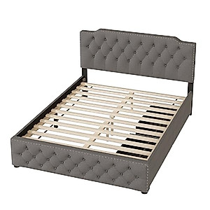 Prohon Queen Size Bed Frame w/ 2 Drawers and Two Sets USB Ports, Upholstered Platform Bed with Button Tufted Trim Headboard, Velvet Linen Wooden Bed Fram No Box Spring Needed, Gray