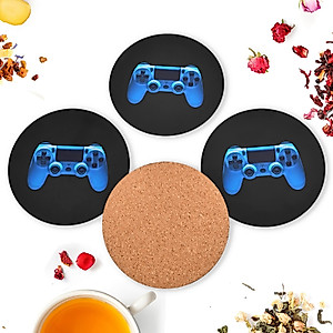 Video Game Joystick Gamepad in Blue Neon Lights Isolated on Black 4 Pcs Tea Wooden Round Coaster Set, Non-Slip Lightweight Wooden Coaster for Party Home Office Kitchen Bar Coffee Table