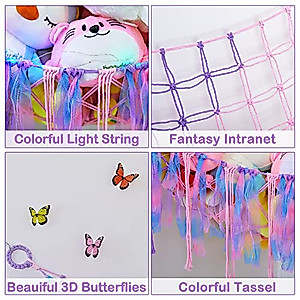 Beinou Stuffed Animals Net or Hammock with Butterfly Stuffed Animals Storage Holder with LED Light Toy Storage for Stuffed Animals for Girls Bedroom Decor