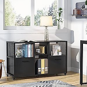 Tribesigns 2 Drawer Wood File Cabinets, Modern Mobile Lateral Filing Cabinet for Letter/ A4 Size, Printer Stand with Open Storage Shelves and Drawer for Home Office, Black