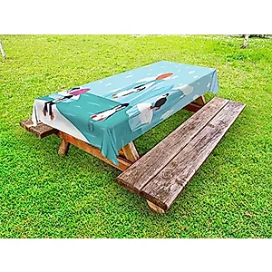 Ambesonne North Pole Outdoor Tablecloth, Penguins on Ice Glaciers Funny Animal Characters Print, Decorative Washable Picnic Table Cloth, 58" X 120", Pale Sky Blue Multicolor