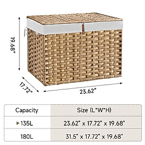 135L Wicker Storage Basket with Lid, Handwoven Large Shelf Basket with Removable Liner, 35.7 Gallon Wicker Basket for Blanket, Storage Trunk with Handle for Closet, Bedroom, Livingroom, Natural