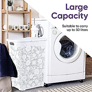 Superio Laundry Hamper with Lid White, 50 Liter Large Lace Hamper Basket, Dirty Cloths Storage with Cutout Handles, for Landry Room, Bedroom, and Bathroom