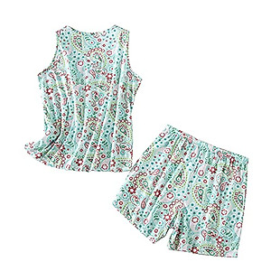 CHUNG Women's Cute Cotton Pajama Set Cartoon Tank Tee Shorts Sleepwear Summer Plus Size, GreenPaisley, Medium