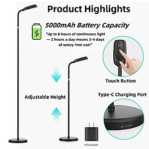 YUWLDD Battery Floor Lamp,Rechargeable Portable Reading Floor Lamp for Living Room,Battery Powered Cordless Lamp,Touch Control for Camping,Emergency Lighting(Black)