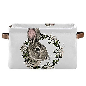 Easter Rabbit Flower Rectangular Storage Basket Storage Bin Collapsible Storage Box with Leather Handles Empty Gift Baskets Organizer for Office, Closet
