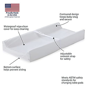 Kolcraft Waterproof Contoured Baby Diaper Changing Pad for Dresser or Changing Table, Easy Clean, Soybean Enhanced Foam, Safety Restraint Belt and Anchoring Straps, Made in USA - White, 17" x 33"