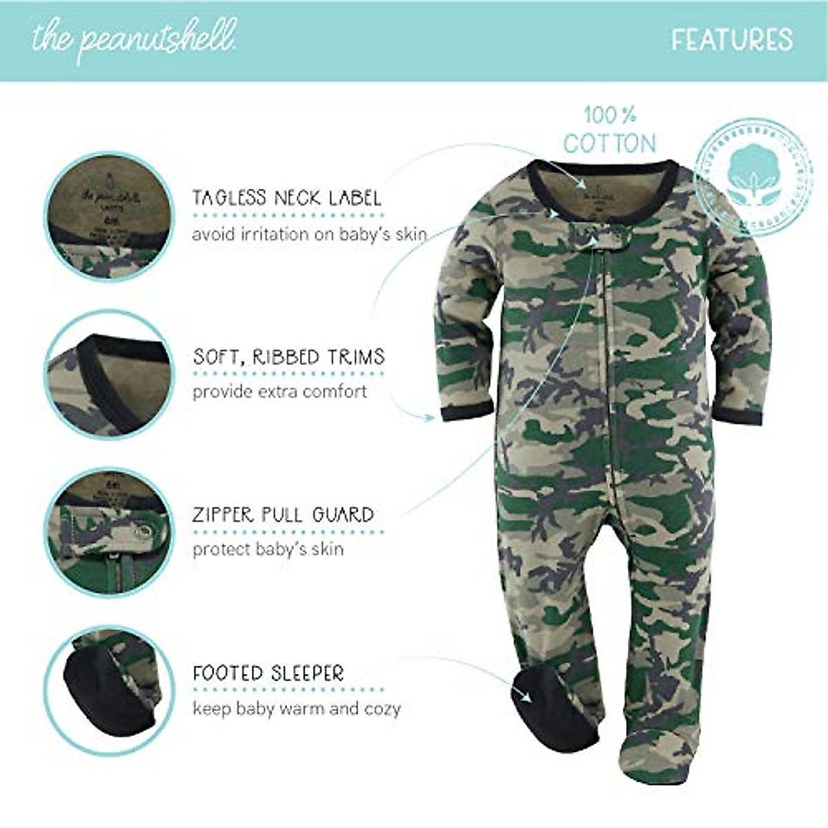 The Peanutshell Footed Baby Sleepers for Boys, Camo & Dinosaur, 3 Pack Set (3M)