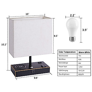 Kukobo Bedside Table Lamp with Wireless Charger, Touch Control Table Lamp for Bedroom Living Room, 3 Way Dimmable Nightstand Lamp with Type C + USB Port and 2 AC Outlets, 6W Blub Inclued(Black).