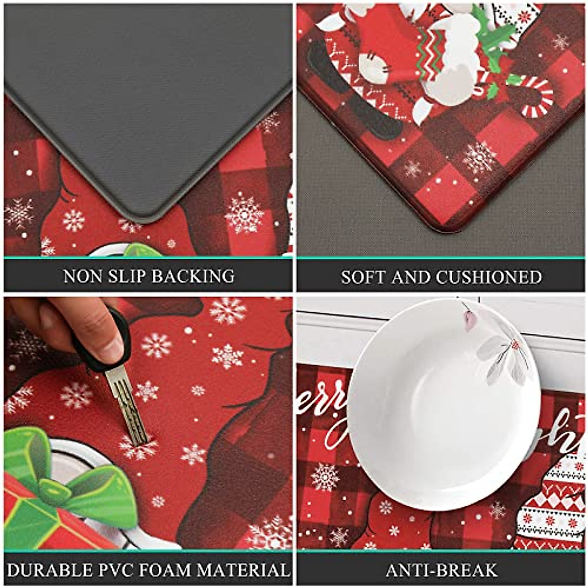 Pauwer Christmas Gnome Kitchen Rugs Set of 2, Farmhouse Red Buffalo Plaid Kitchen Floor Mat, Non Slip Anti Fatigue Kitchen Mats for Floor, Cushioned Kitchen Rug Set Christmas Winter Holiday Decoration