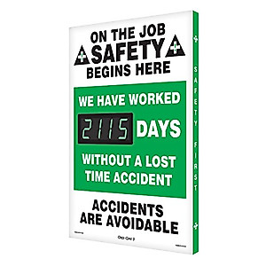Accuform SCK115 Aluminum Digi-Day Electronic Scoreboard, "ON THE JOB SAFETY BEGINS HERE - WE HAVE WORKED #### DAYS WITHOUT A LOST TIME ACCIDENT - ACCIDENTS ARE AVOIDABLE"