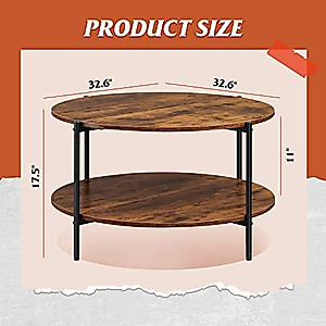 WLIVE Round Coffee Table, Living Room Table with 2-Tier Storage Shelf, 32in Wood Modern Coffee Table with Metal Frame and Wood Desktop,Easy Assembly, Rustic Brown.