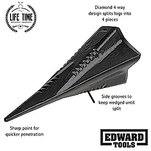 Edward Tools Diamond Wood Splitting Wedge - 4 LB Steel 4 Way Log Splitter - Torpedo/Grenade Wedge Design Splits Firewood into 4 Pieces - Less Effort Manual Maul Log Splitting