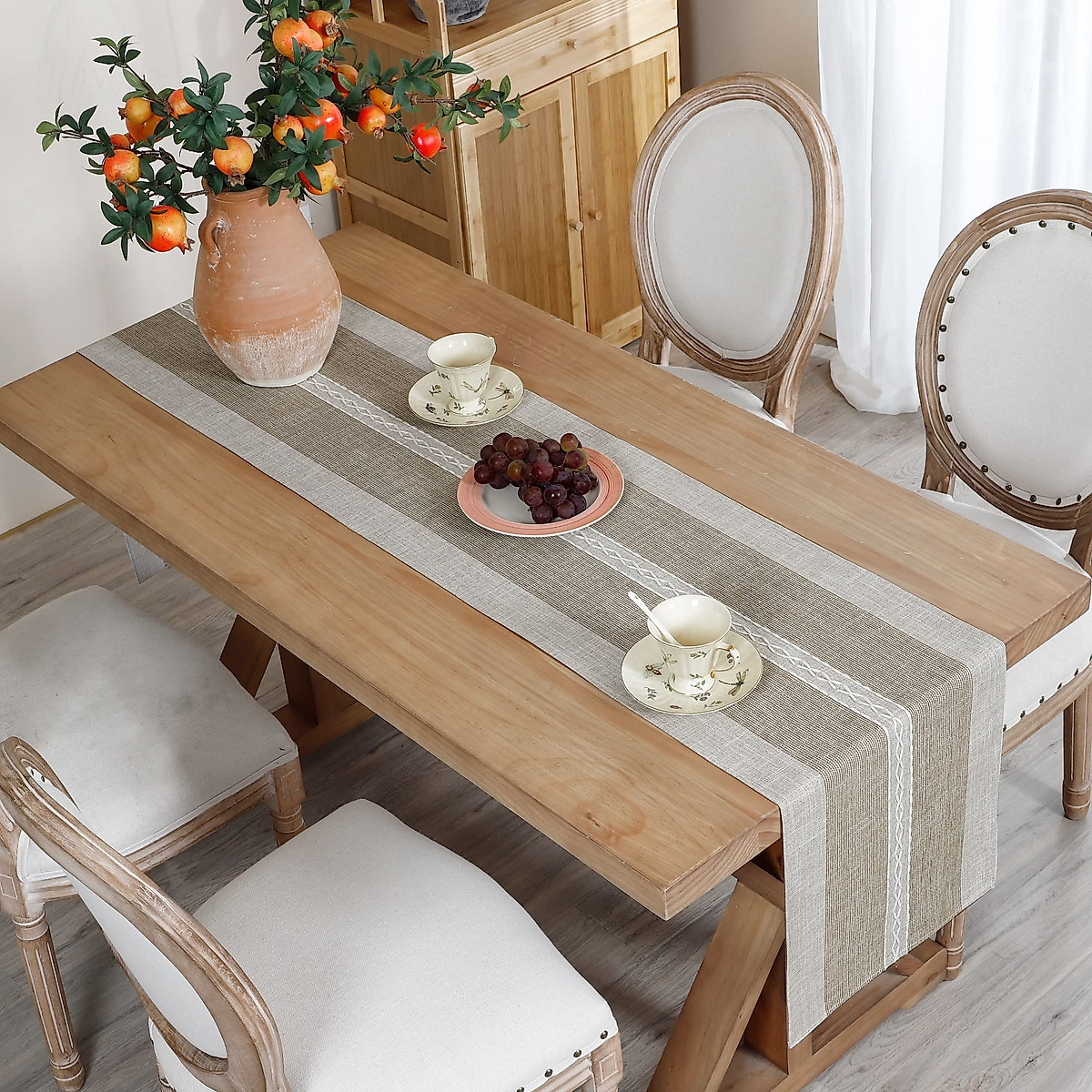 Farmhouse Braided Striped Table Runner Rustic Embroidery Coffee Table Runners for Decorations Weddings Holiday Brown 13x48inch