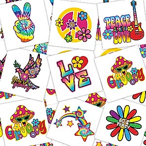 Chinco 144 Pieces Hippie Temporary Tattoo Stickers for Kids 70s 80s 90s Groovy Hippie Tattoos Hippie Face Tattoos Love and Peace Tattoos Multi Temporary Tattoos Decals for Tie Dye Hippie Party Favors