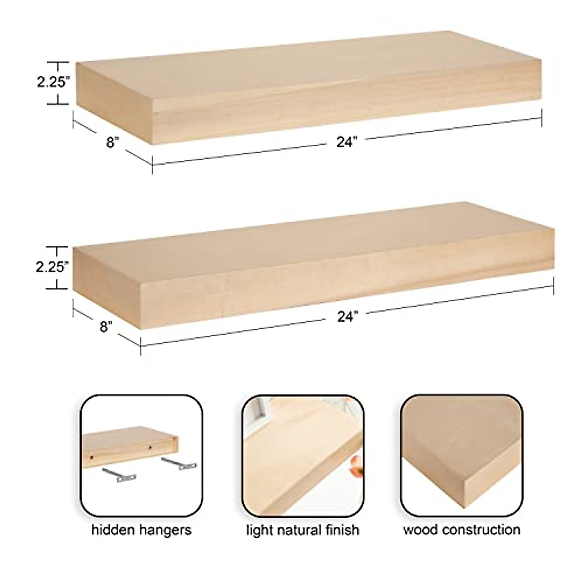 Kate and Laurel Havlock Modern Floating, Mid-Century Bathroom and Kitchen Shelves for Storage and Display, Set of, 2 Piece 24 x 8, Natural Wood