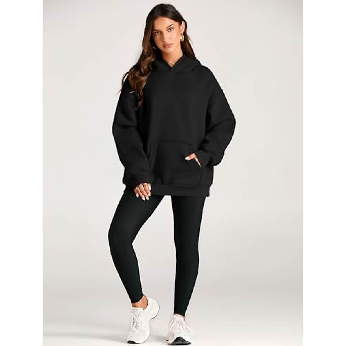 EFAN Womens Crewneck Oversized Sweatshirts Pullover Hoodies Long Sleeve Fleece Sweaters With Pockets Fall Fashion Winter Outfits Y2k Clothes 2023 Teen Girls Clothing Black