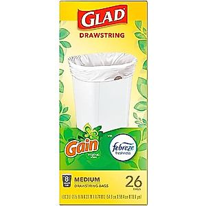Glad Medium Drawstring Trash Bags, 8 Gal, Gain Original Scent with Febreze, 26 Ct, Pack May Vary