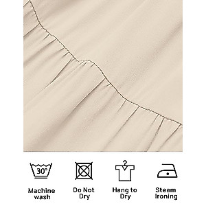 ZESICA Women's Casual Square Neck 3/4 Puff Sleeve Solid Color Smocked High Waist Flowy Midi Dress,Beige,Small