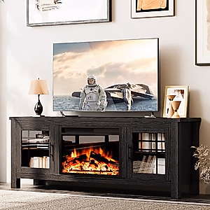 IRONCK 59” TV Stand with 23” Electric Fireplace, Glass Door TV Stand for TVs up to 65", Wood Entertainment Center for Living Room, Bedroom - Black