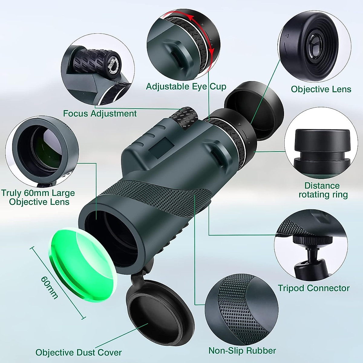 Fcteap Monocular Telescope BAK-4 Prism and FMC Lens for Adults High Power HD Compact Handheld Telescope Travel Essentials Stargazing Hunting Wildlife Bird Watching Camping Hiking Phone (Green,80x100)
