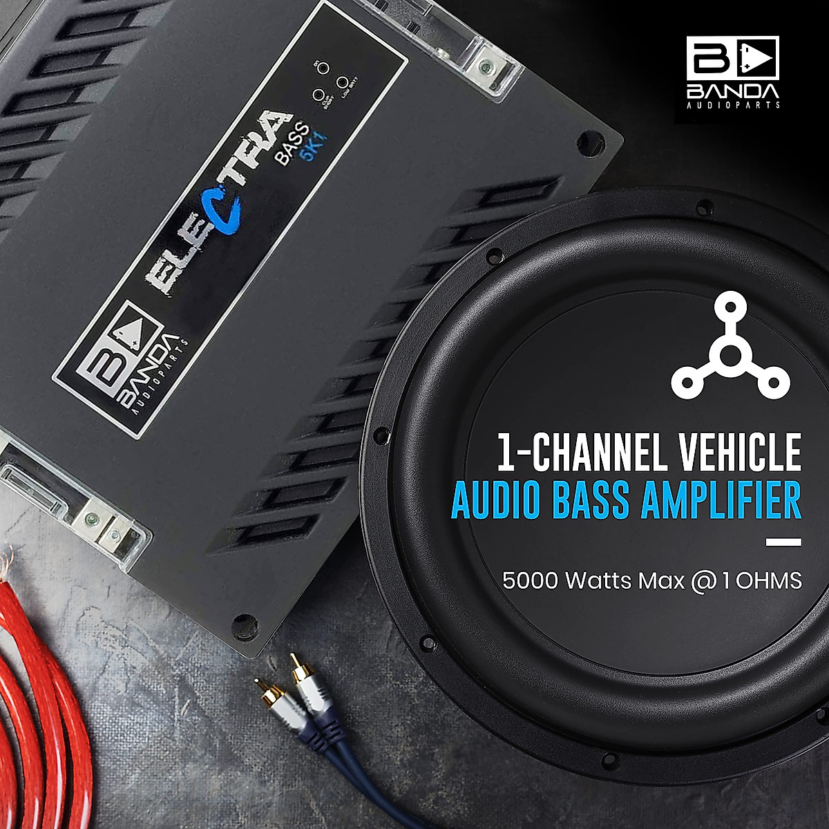 Banda Electra 1-Channel Vehicle Audio Bass Amp - 5000WRMS D Class High-Powered Mono Bass Amplifier w/Subsonic Filter & Low Pass Filter Stable at 1Ohm, LED Indicators, Sound Specialization - BANDA 5K1