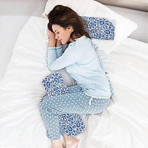 xigua Blue Decorative Floral Neck Roll Pillow for Neck Relief with Removable Washable Cover - Memory Foam Round Cylinder Bolster, Ergonomically Designed for Head, Neck, Back, and Legs