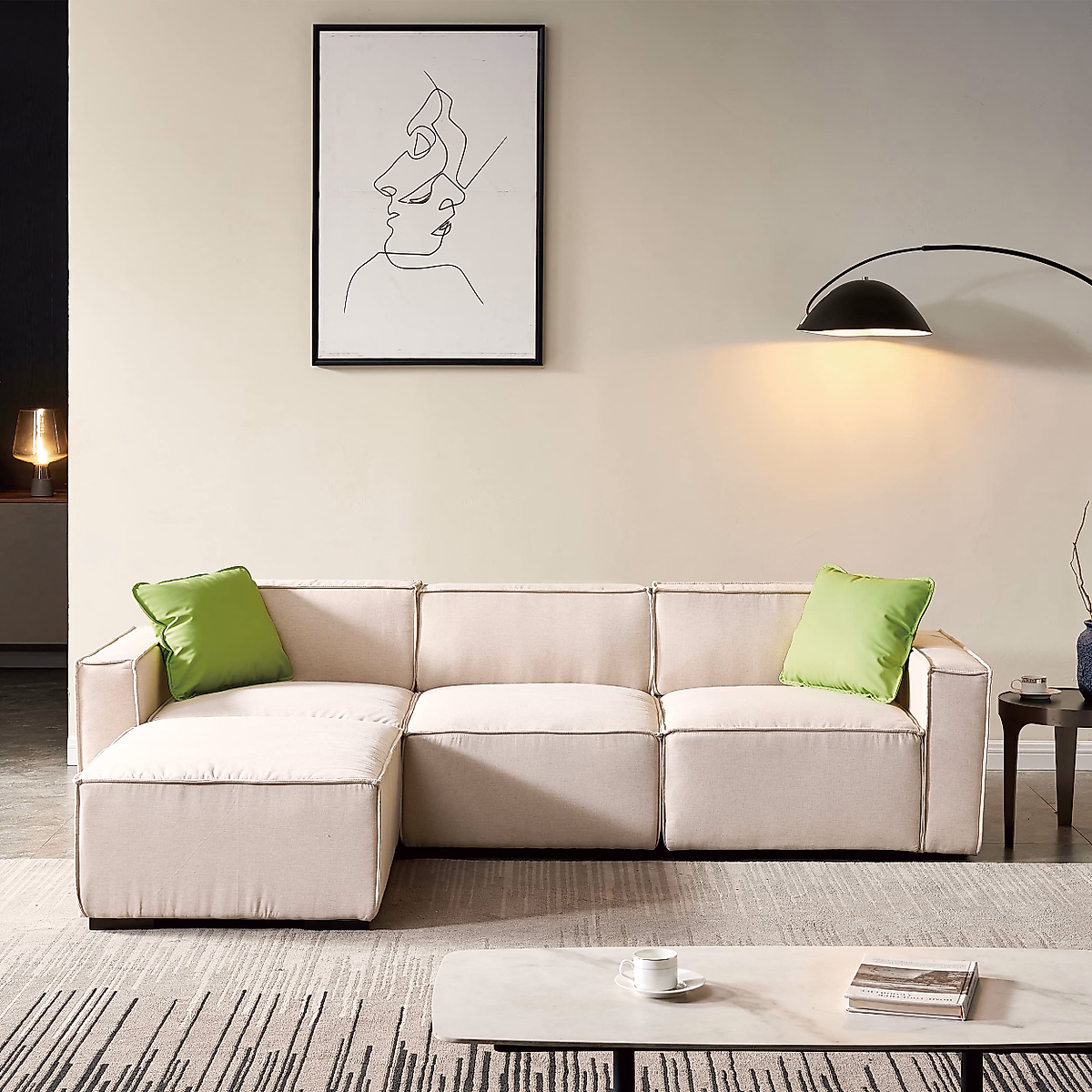 Myshle Faux Leather Fabric Reversible 4 Seater Sectional Couch with Storage, Modular Sofa L Shape with Convertible Ottoman Chaise, Beige