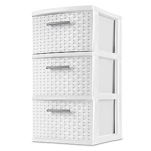 3-Drawer Wide Weave Design Storage Tower, White Frame & Drawers w/Driftwood Handles, Brown, Case of 1 (White)
