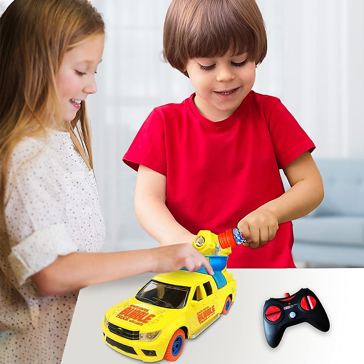 ArtCreativity Remote Control Bubble Pickup Truck with Lights, Includes Rechargeable Bubble Blowing Car, Controller, Bubble Solution, Mini Funnel & Charging Cable, Indoor & Outdoor Bubble Toy for Kids