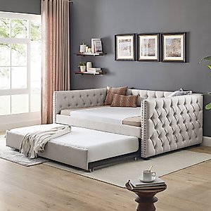 DNYN Upholstered Full Size Daybed with Trundle, Extendable Bedframe w/Put Out Bed Design & Button & Copper Nail,No Box Spring Needed,for Small Space, Beige