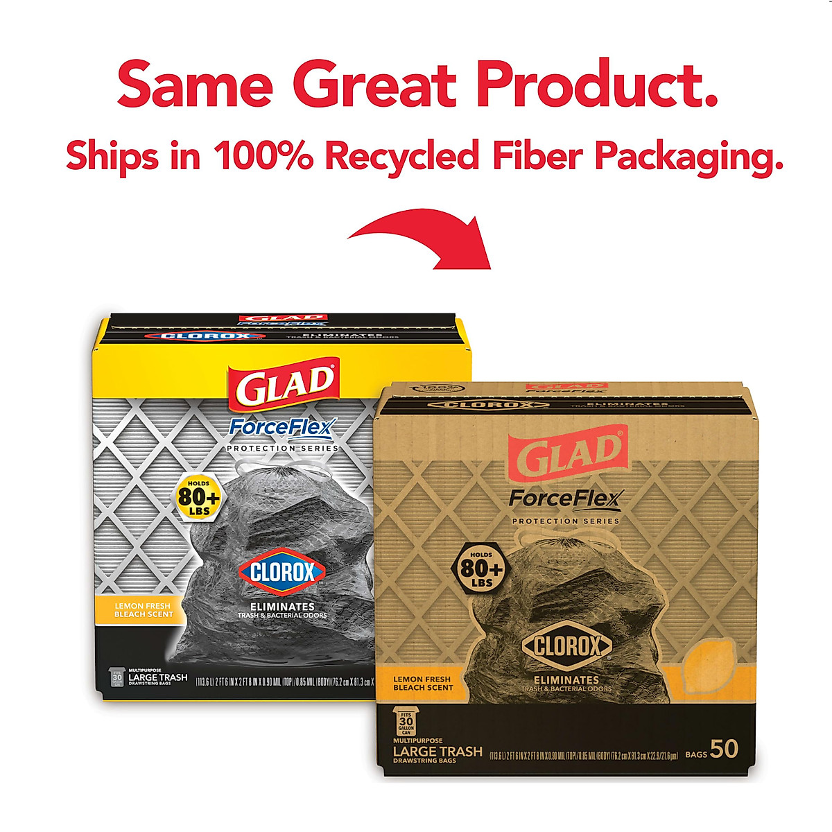 Glad Trash Bags, ForceFlex with Clorox Garbage Bags, Lemon Fresh Bleach Scent, 30 Gal, 50 Ct, Package May Vary