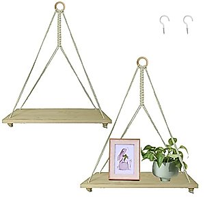 HOWMAX Hanging Shelves for Wall, Boho Rope Floating Wood Shelves Wall Hanging Shelves for Living Room Bedroom Wall Decor (Natural)
