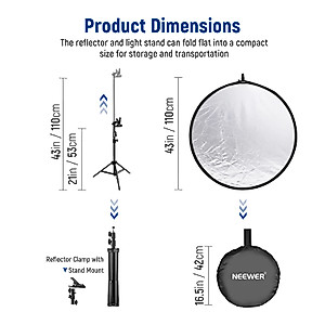 NEEWER 43"/110cm Light Reflector Kit, 5 in 1 Collapsible Round Reflector (Translucent/Silver/Gold/White/Black), Metal Clamp and 21"-43”/53-110cm Short Stand for Low Angle Children Studio Photography