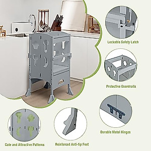 HONEY JOY Kitchen Step Stool for Toddlers, Children Wooden Standing Tower w/Safety Rail, Extra Kitchen Toys, Montessori Foldable Kids Learning Tower for Kitchen Counter(Gray)